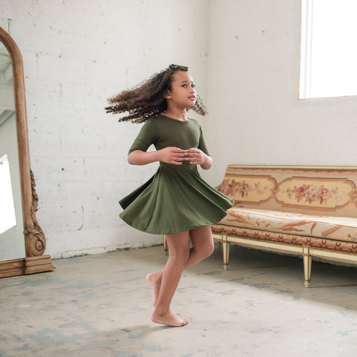 Olive Green Quarter Sleeve Twirl Dress – Sweet Peas Co